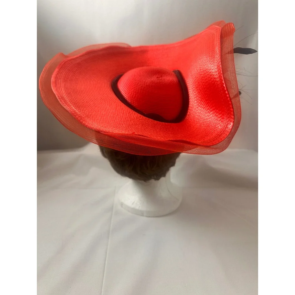 Accessories | Red Sinamay Wide Brim Fascinator Hat Black Feather Derby ...